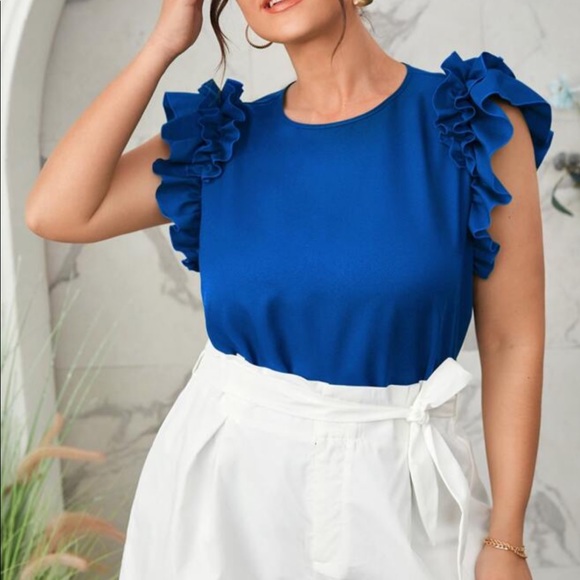 Tops | Plus Size Ruffle Cap Sleeve Office Work Top Blouse Blue | Poshmark
